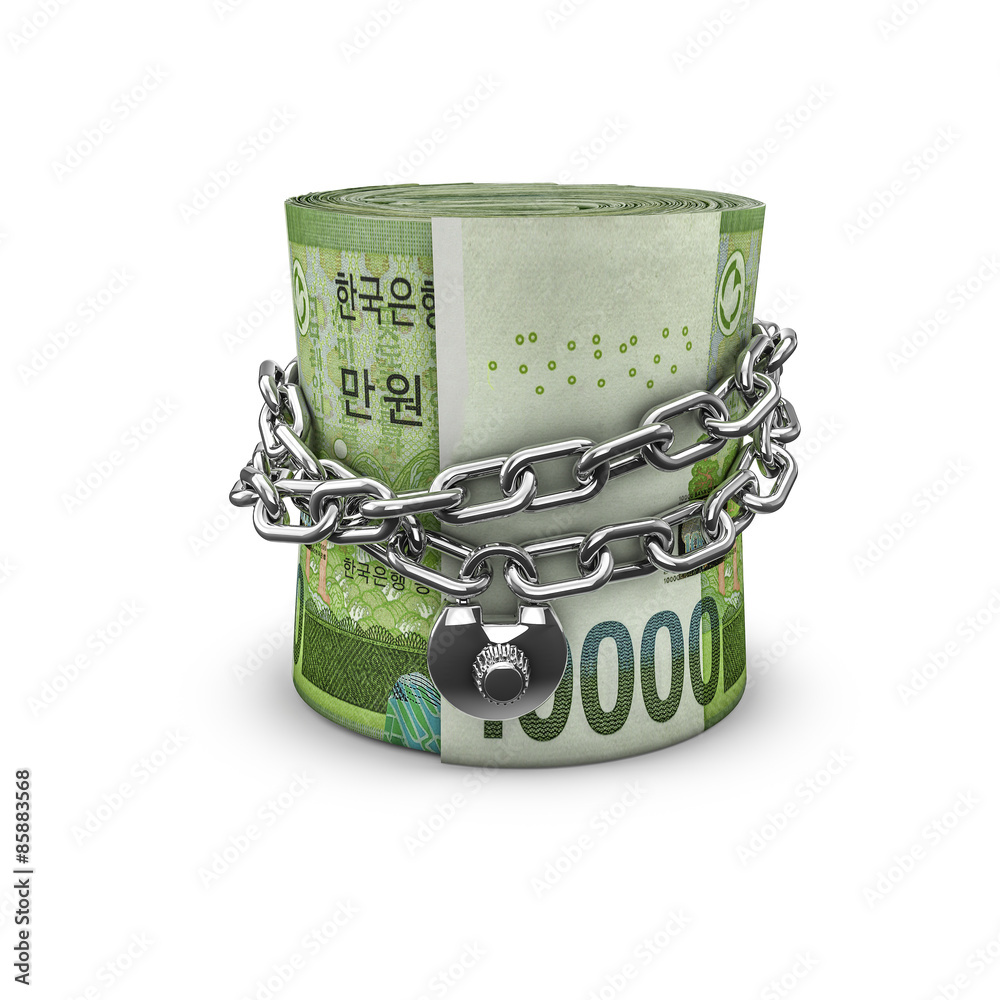 Chained money roll South Korean won, 3D render of locked chain around ...