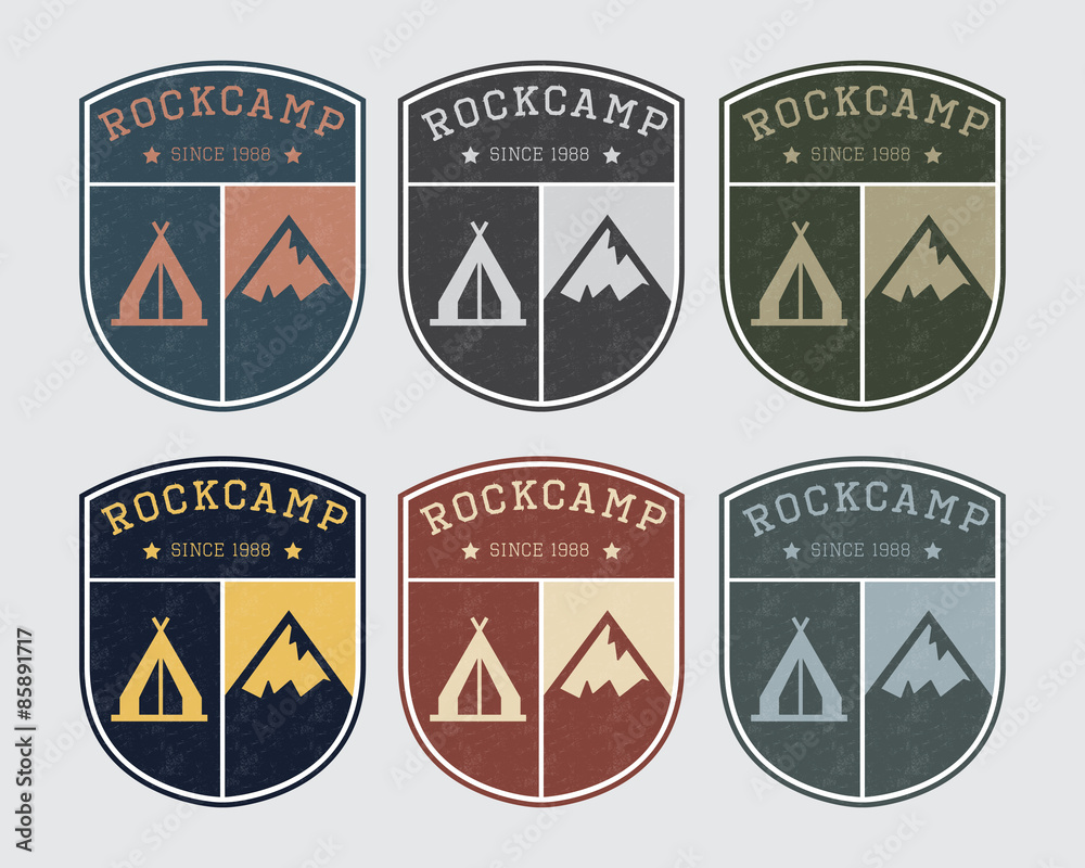 Badge logo camp with rock and tent. Vintage style, different colors ...