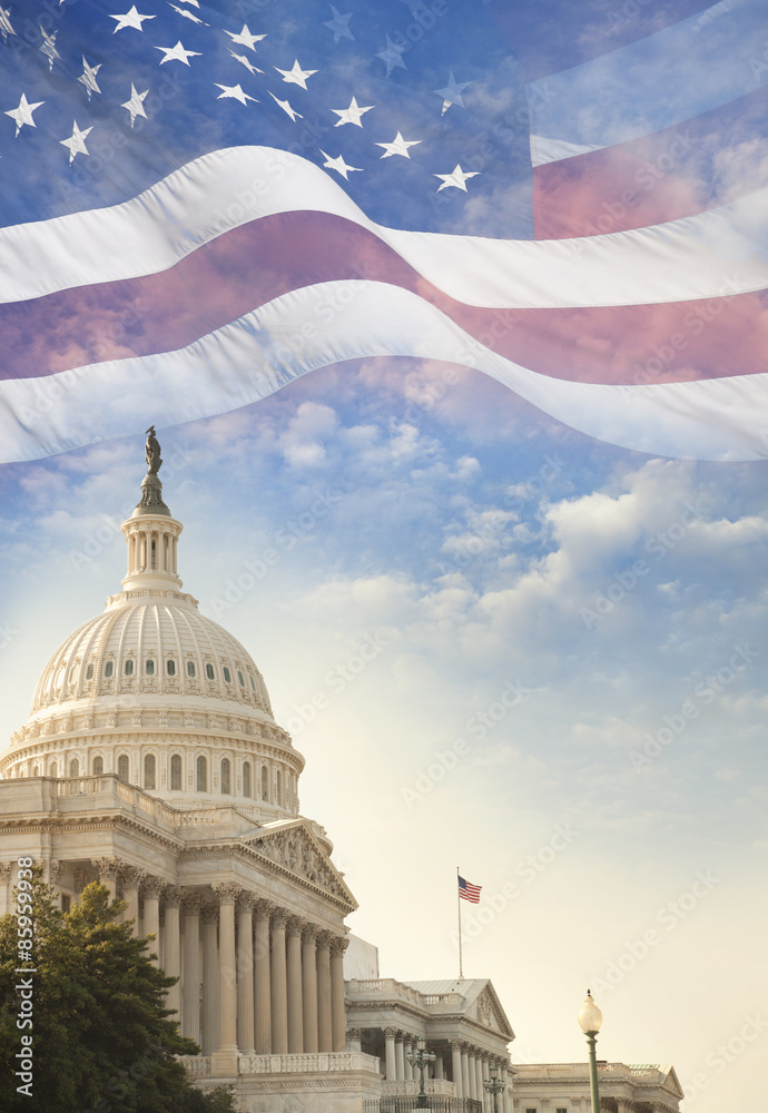 United States Capitol building with American flag superimposed o Stock ...