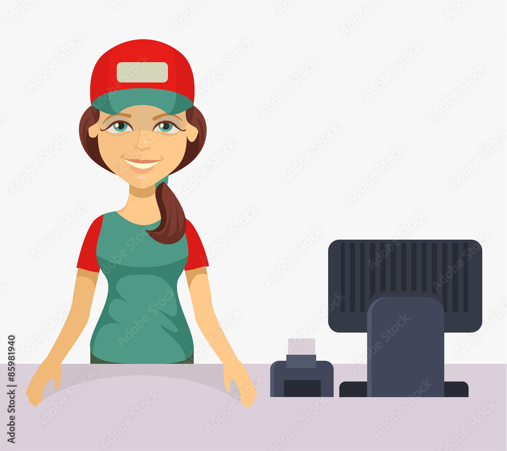 Vector cashier. Flat cartoon illustration Stock Vector | Adobe Stock