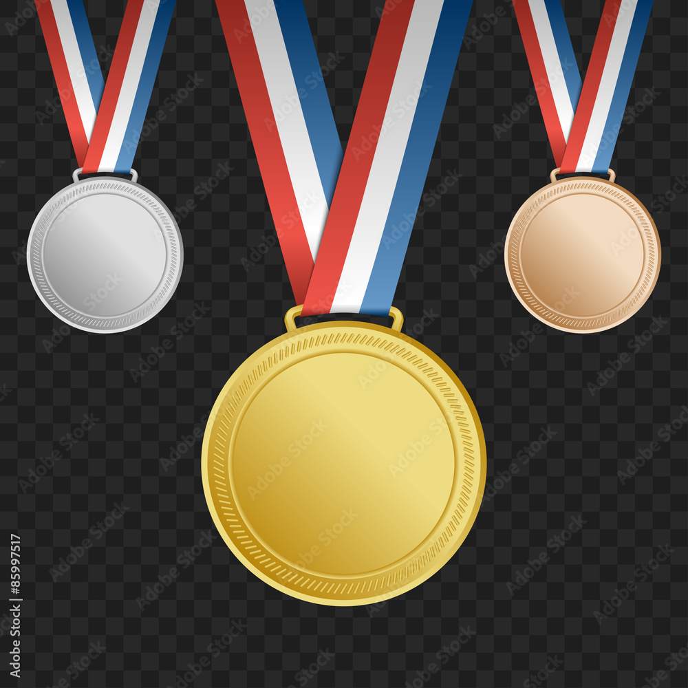 Gold, silver, bronze award medals with ribbons on square background ...