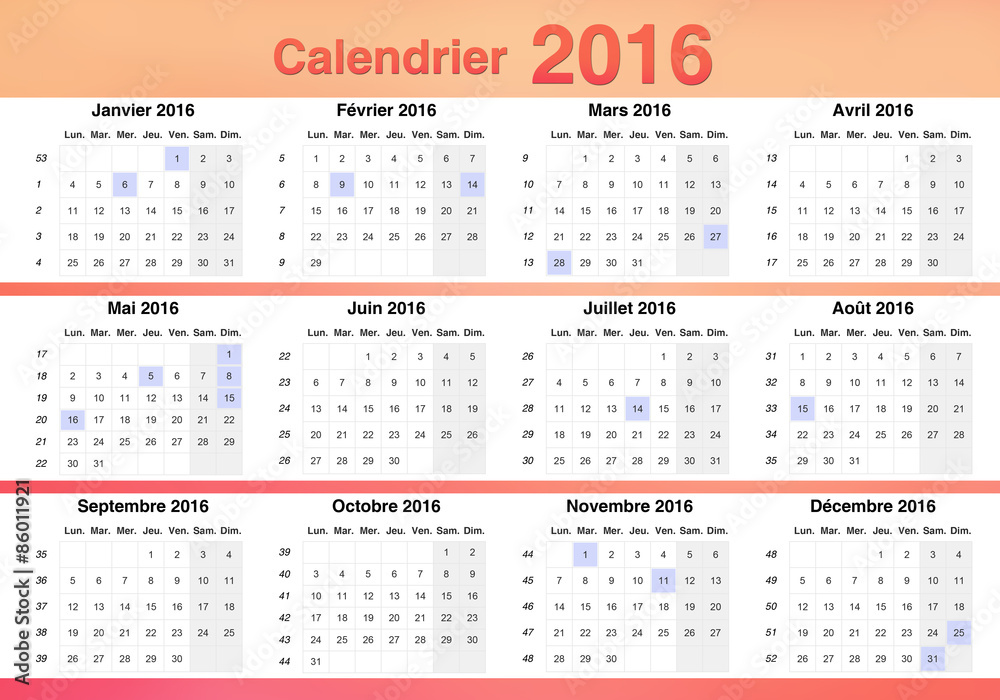 Calendrier 2016 Illustration Stock | Adobe Stock