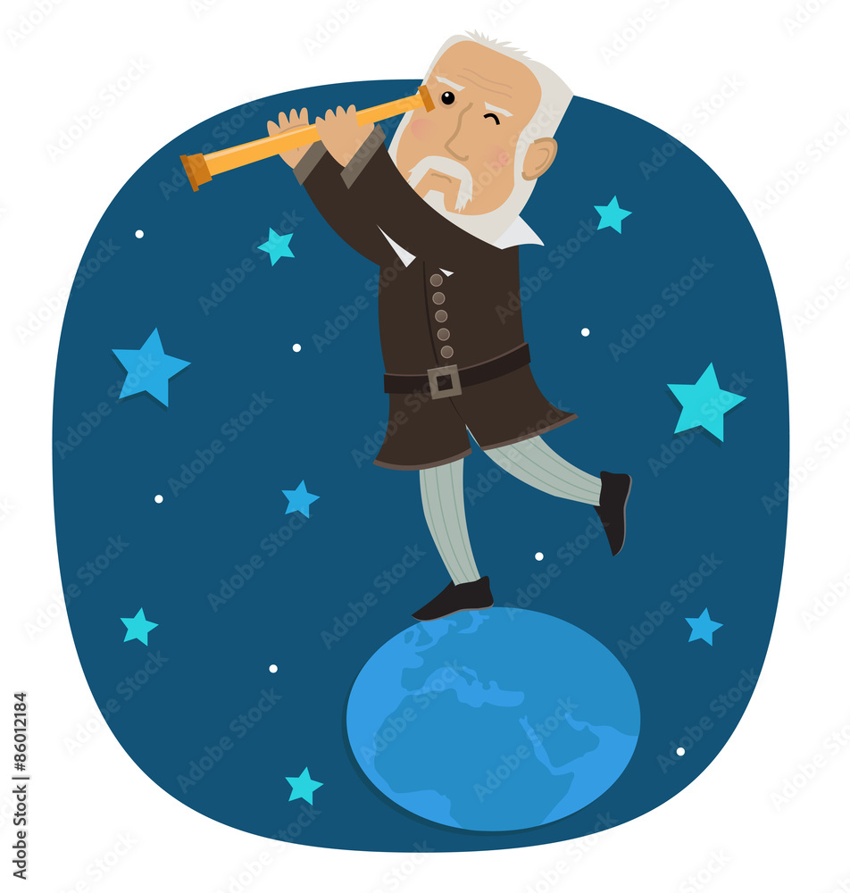Vetor de Galileo Galilei - Galileo is standing on earth looking in his ...