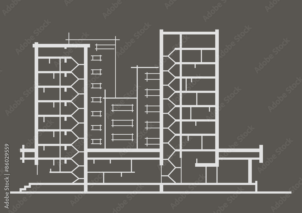 Linear architectural sketch of multistory building. Sectional drawing ...