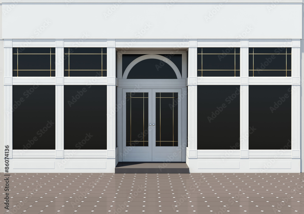 Shopfront with large windows. Classic White store facade. Stock ...