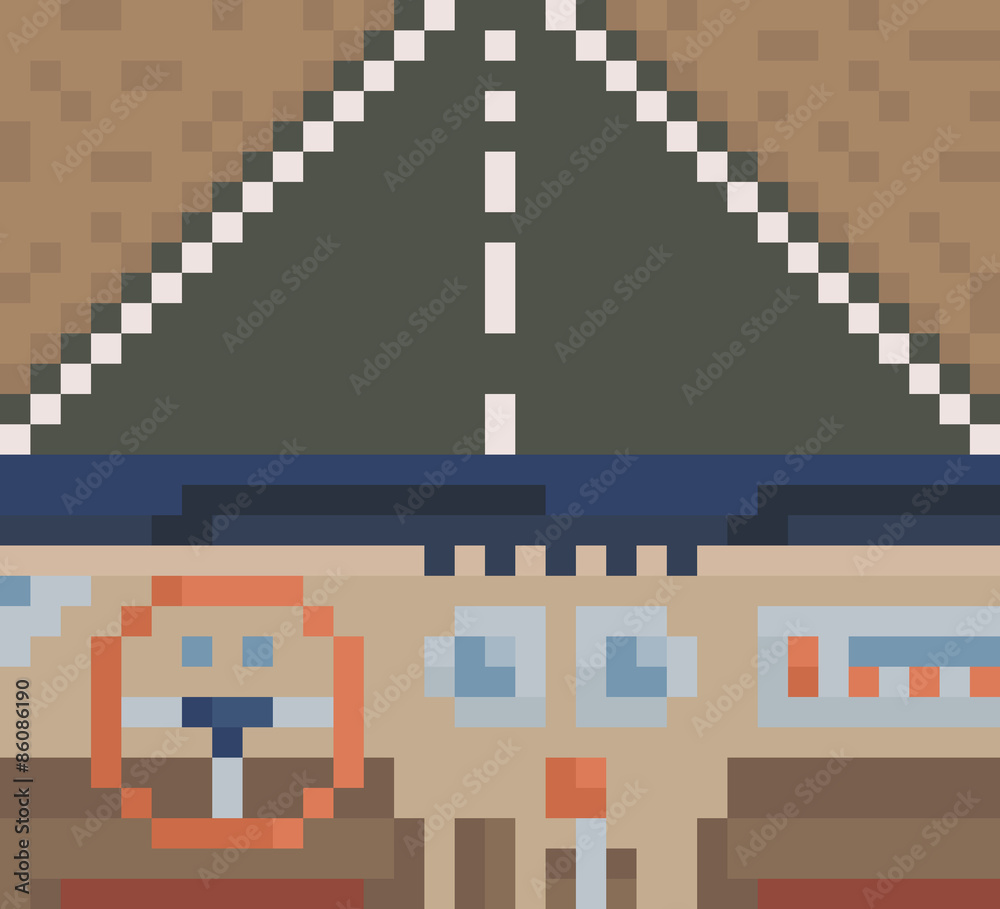 Car interior. View from inside of the car. vector pixel art Stock ...