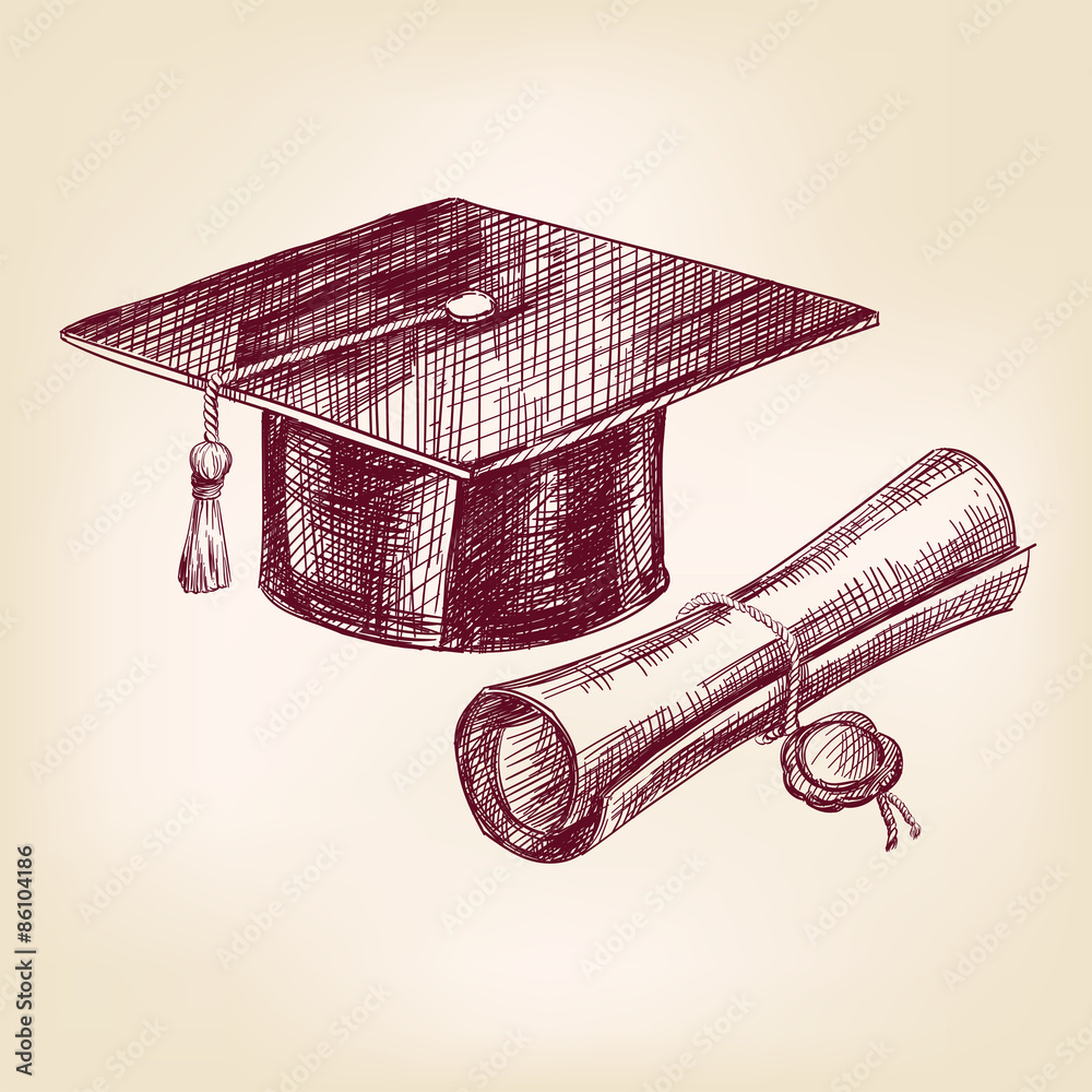 graduation cap and diploma hand drawn vector llustration Stock Vector ...