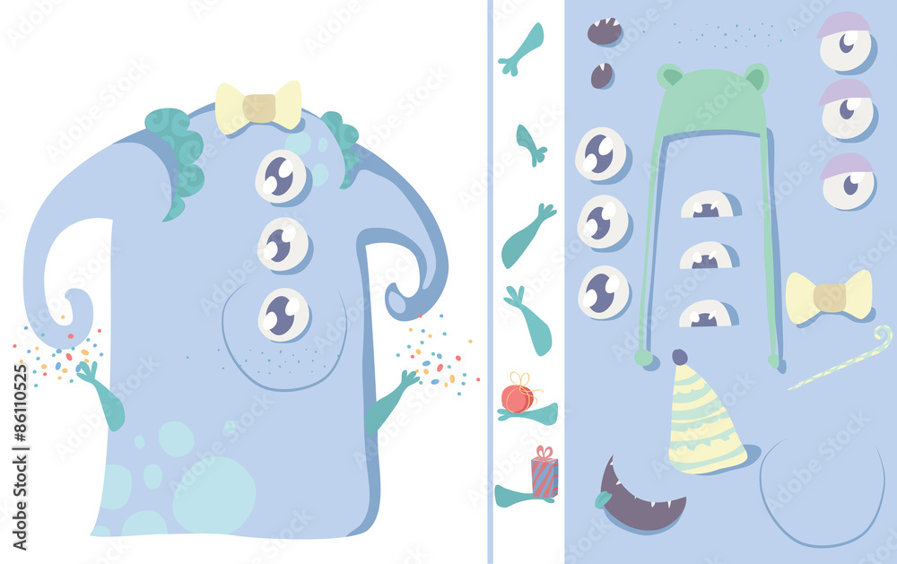 Funny blue monster with variable body parts, vector illustration ...