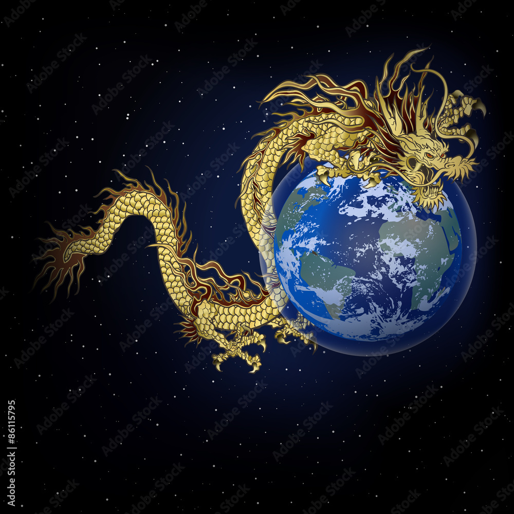 golden Chinese dragon in space with the planet earth Stock Vector ...