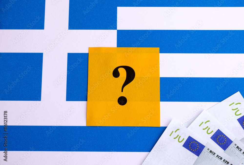 Flag of Greece with question mark and euro banknotes Stock Photo ...