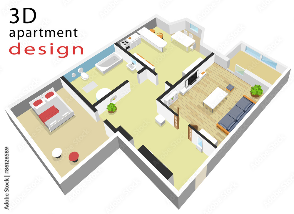 3d isometric floor plan for apartment. Vecto illustration of Modern ...