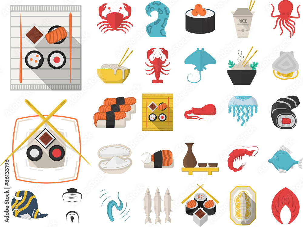 Vector collection of 29 flat icons for seafood Stock Vector | Adobe Stock