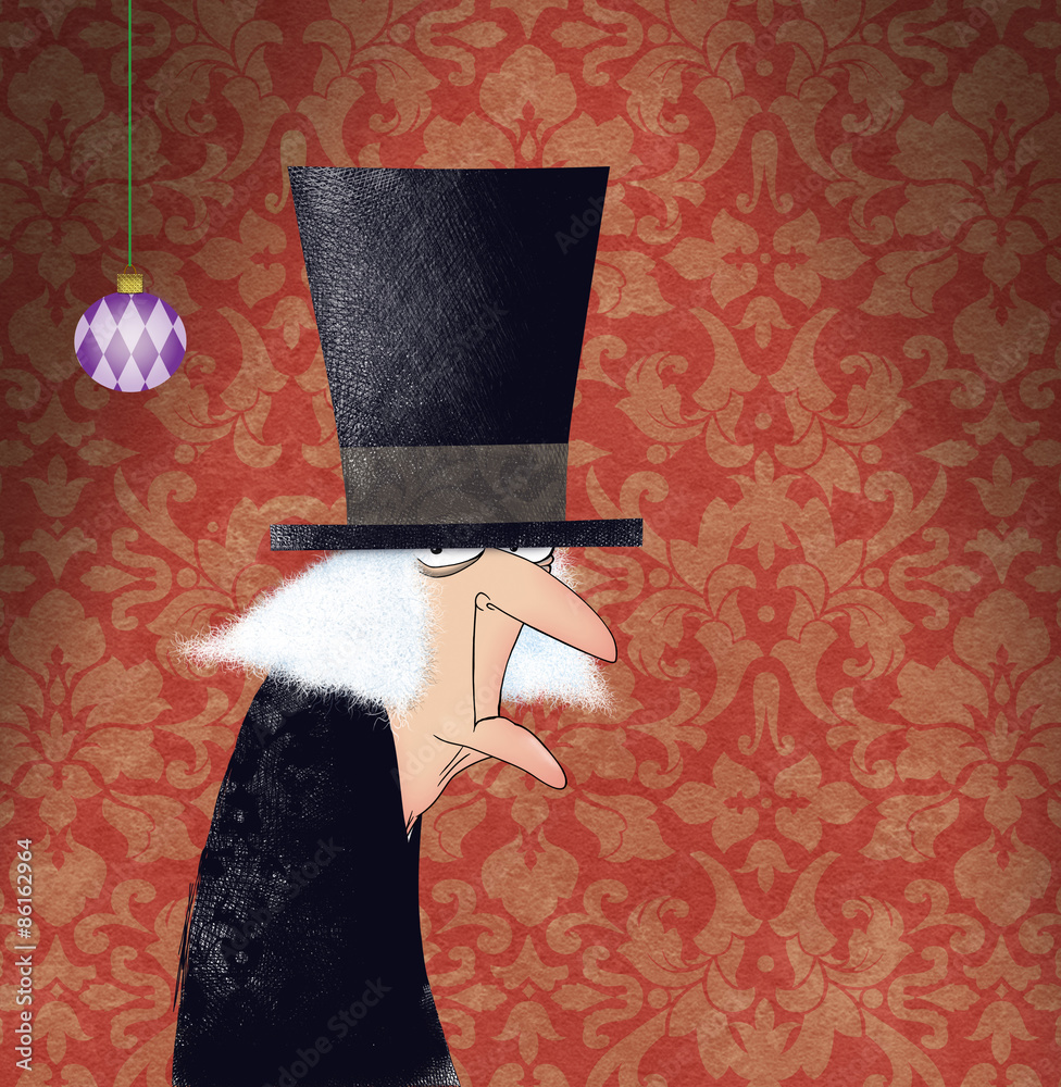 Poster Funny Ink Drawing of Scrooge on a Red Damask Background ...