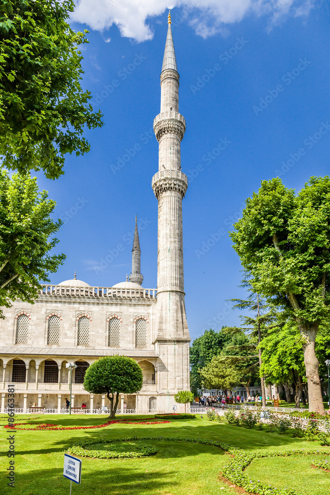 Istanbul, Turkey. One of the minarets of the Blue Mosque (Sultan Ahmet ...