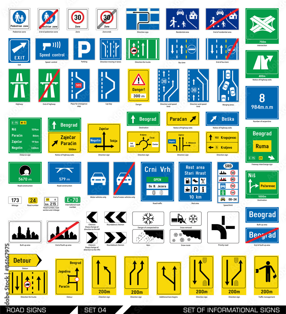 Set of road signs. Signboards. Collection of informational traffic ...