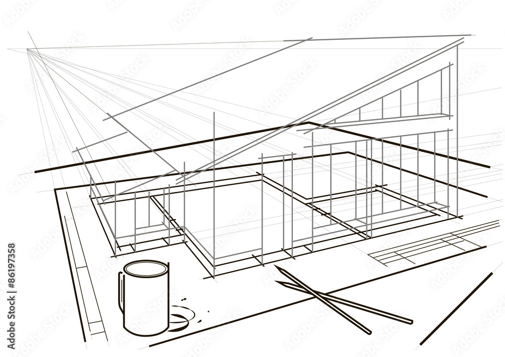 Linear architectural sketch. Architectural drawing on table with ...