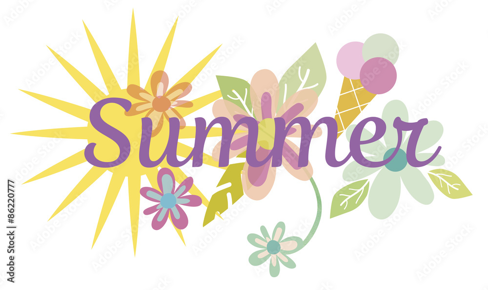 Watercolor illustration showing the word summer with floral elements ...