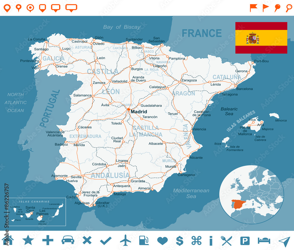 Spain - map, flag, navigation labels, roads -highly detailed vector ...