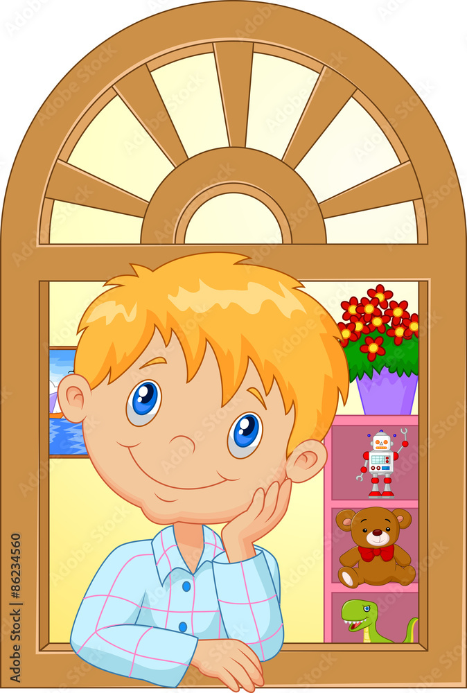 Cartoon little boy smiling and watching out the window Stock Vector ...