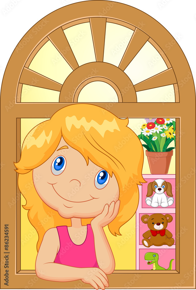 Cartoon little girl smiling and watching out the window Stock Vector ...
