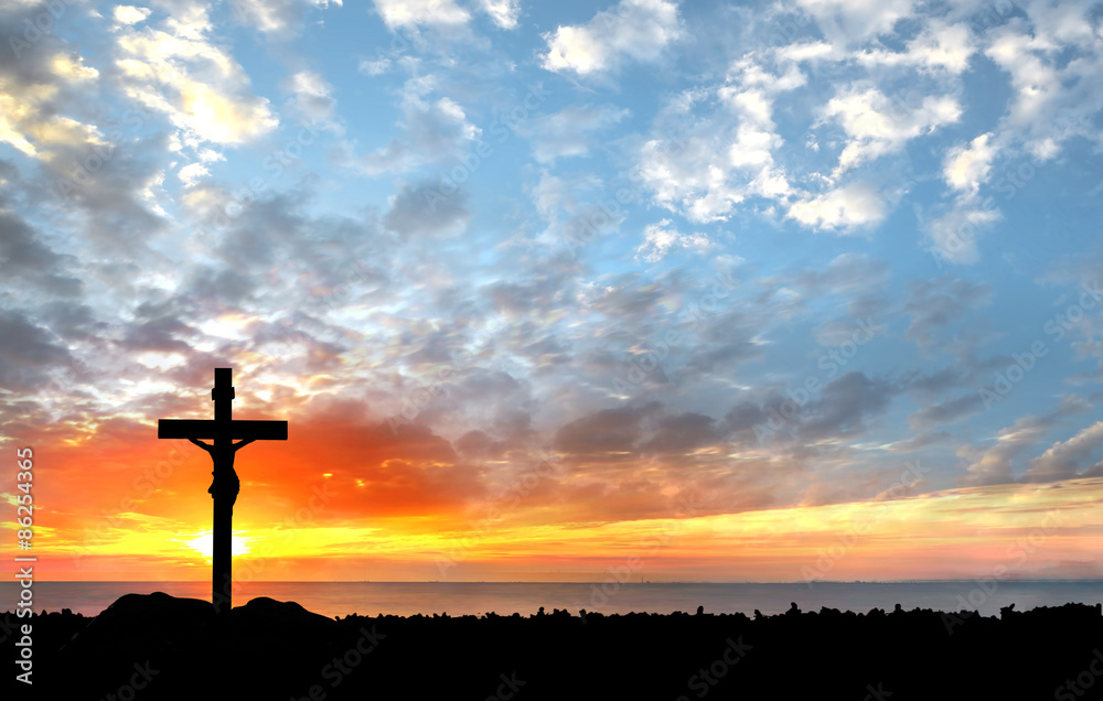 Silhouette Jesus and the cross over sunset Stock Illustration | Adobe Stock