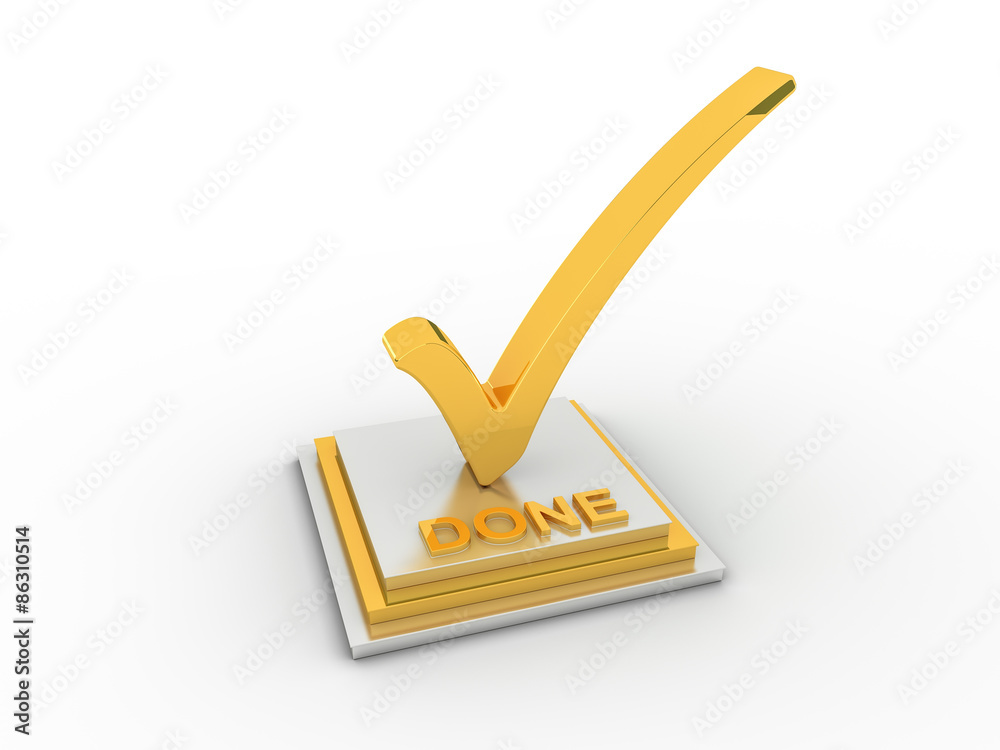 Golden check mark icon on rectangle with DONE word Stock Illustration ...