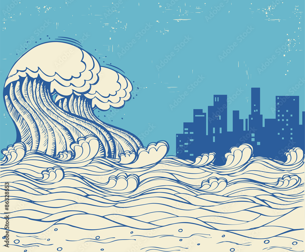 Big waves poster illustration on old paper texture Stock Vector | Adobe ...