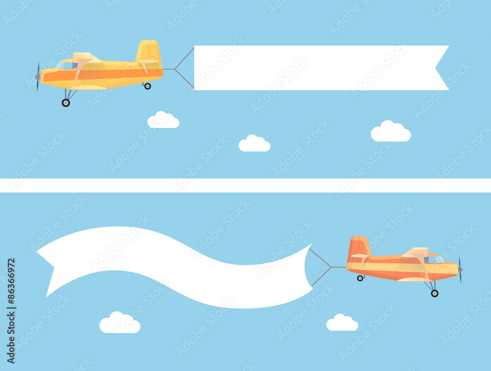 Flying vintage plane with the advertising banner modern flat Stock ...