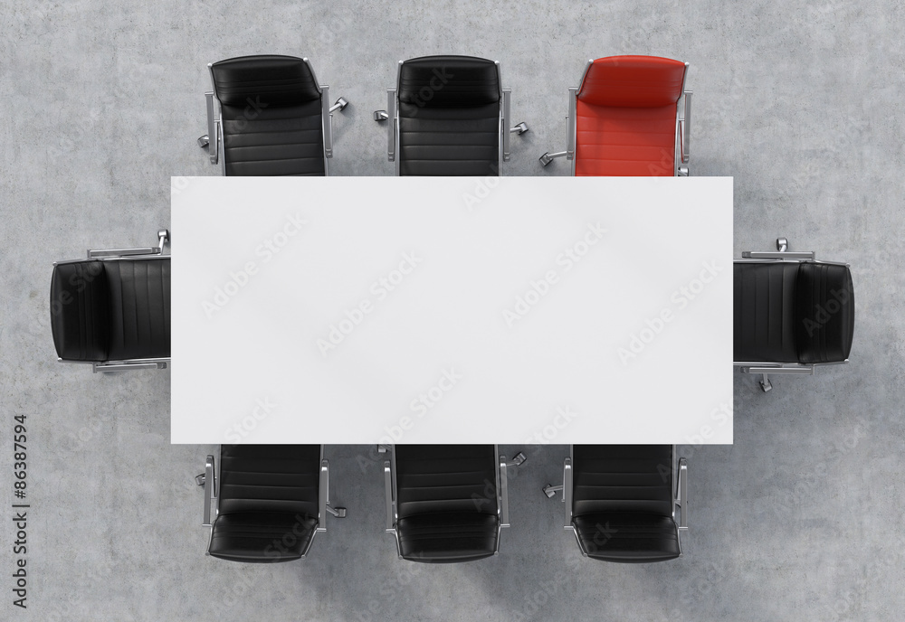 Top view of a conference room. A white rectangular table and eight ...