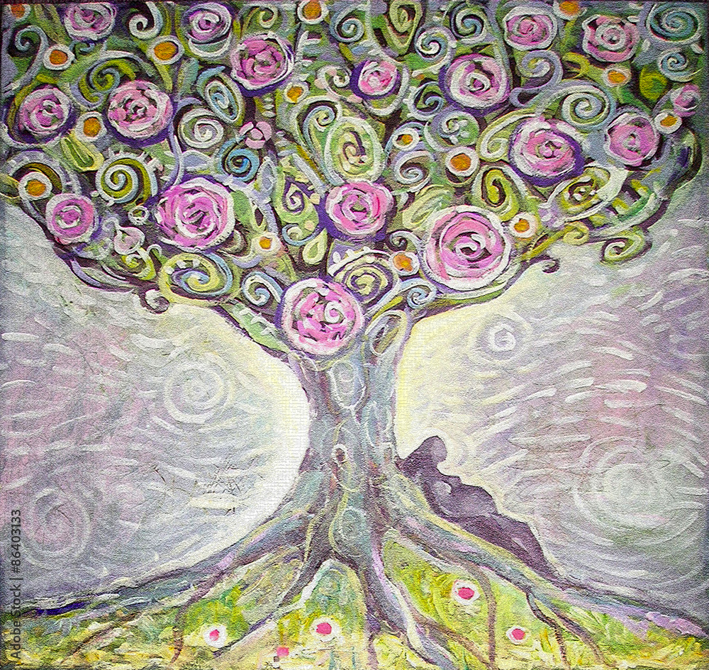 Tree of Life acrylic painting. Spring painting. Illustration of an ...