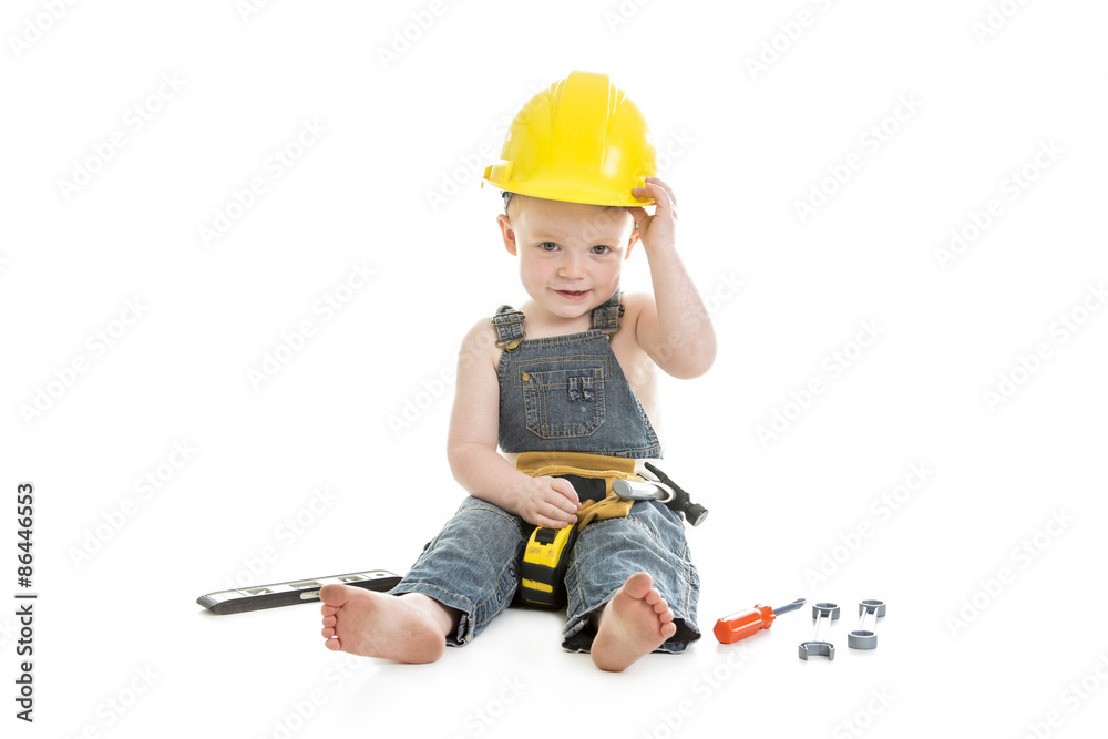 carpenter baby boy portrait over a isolated white background Stock ...