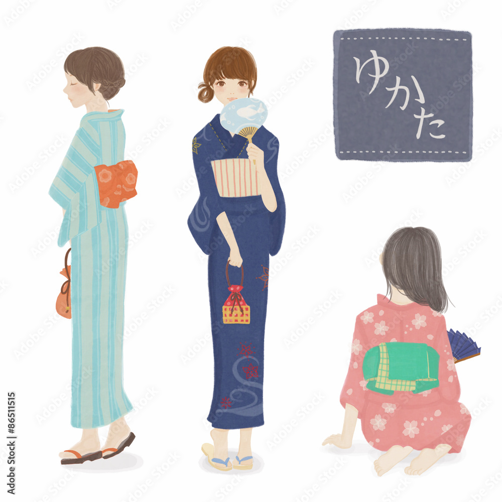 水彩画風の浴衣を着た女性のイラストセット Ilustração Do Stock Adobe Stock