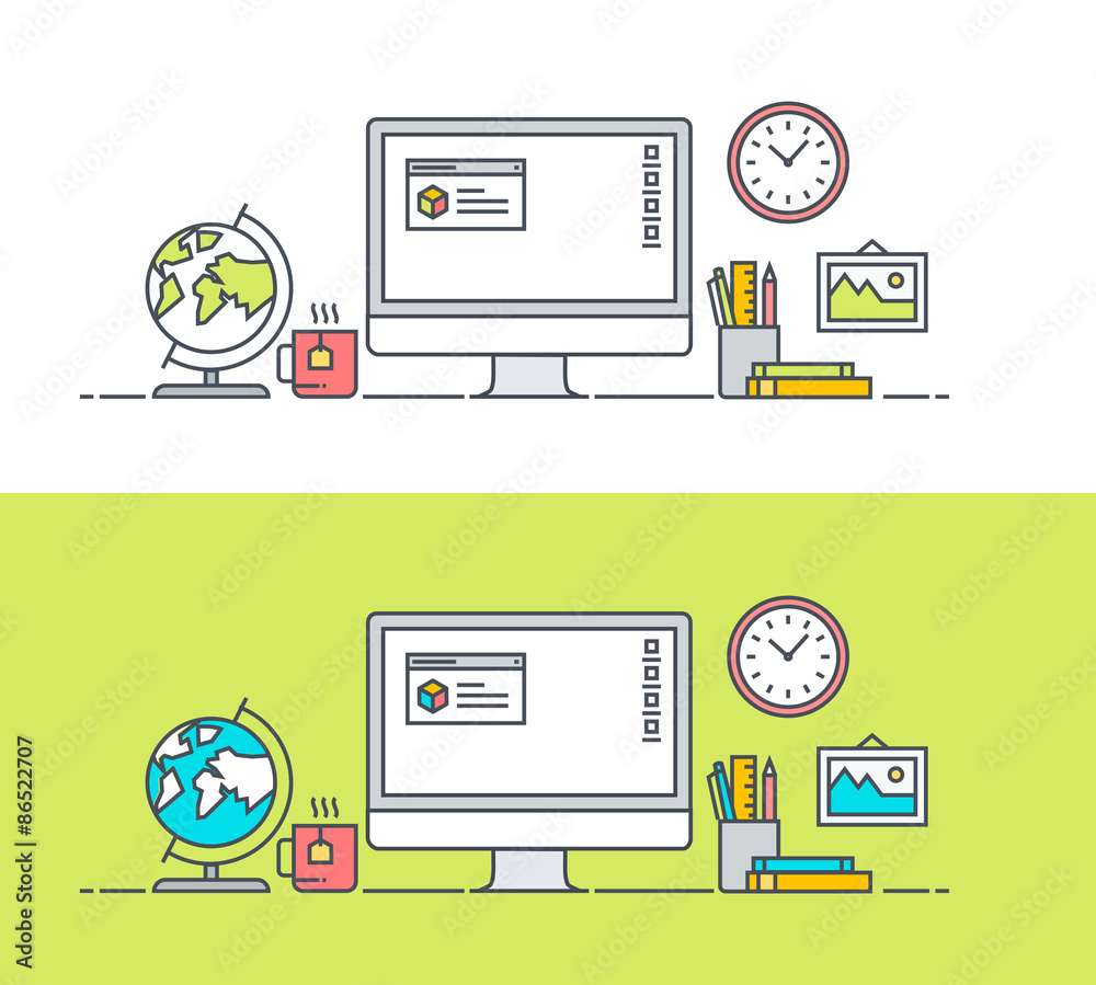 Thin line flat design concept of app developer workspace. Concept for website banners and ...