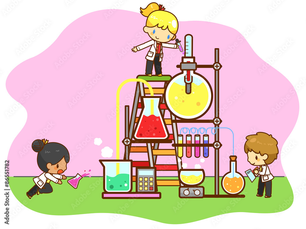 Cartoon children are studying chemistry and experimenting in lab ...