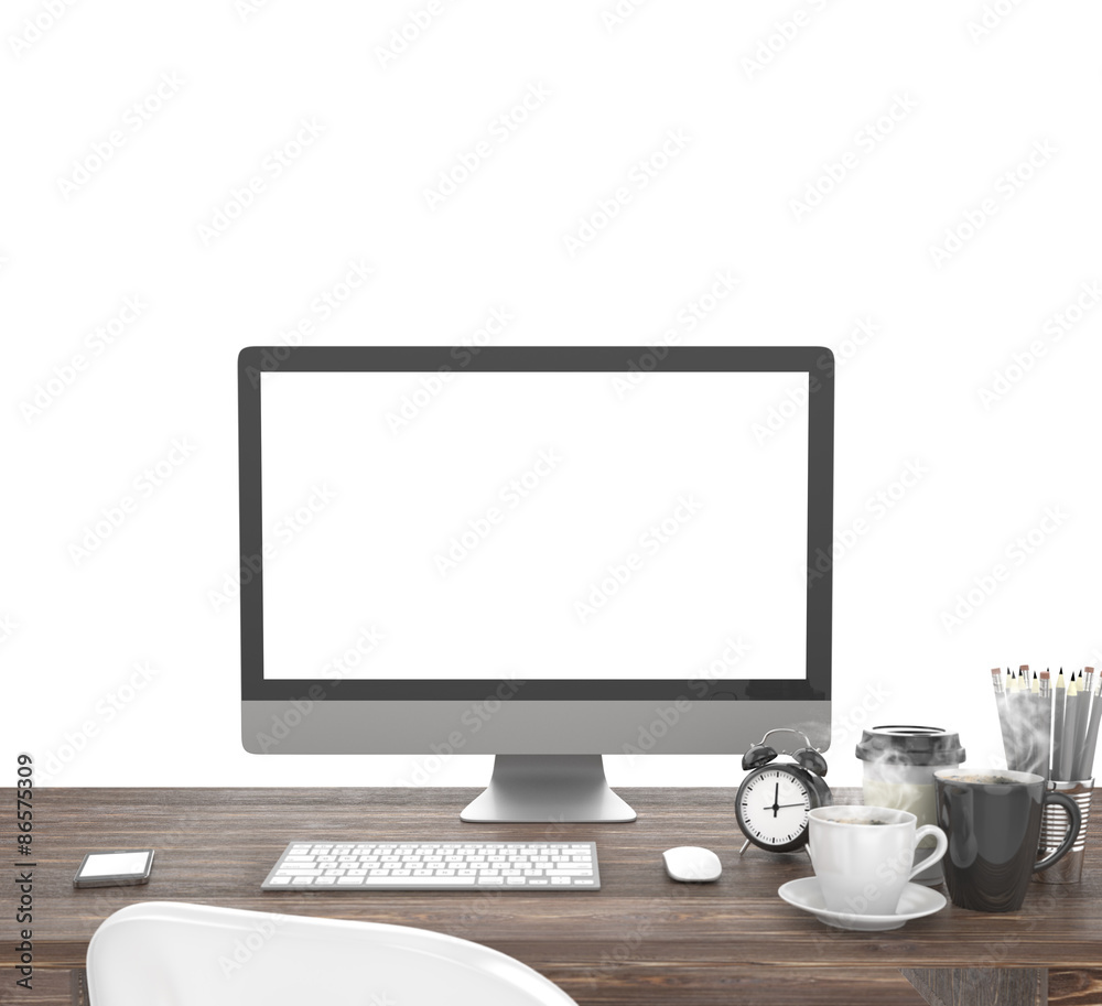 3D illustration PC screen on table in office, Workspace Stock ...