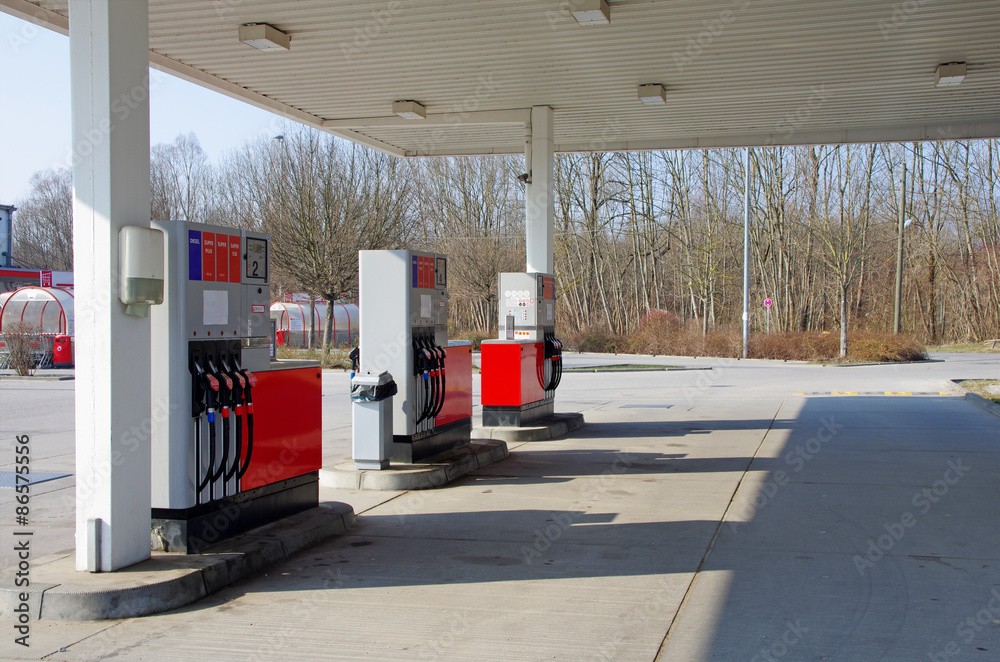 Car petrol gas station.Empty gas station with red roof and pumps. Stock ...