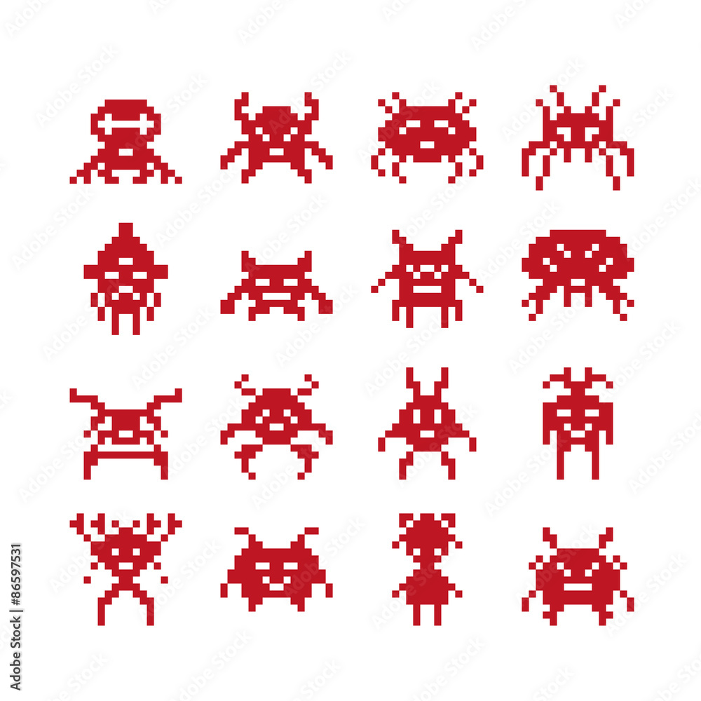 Set of funny retro monsters. 16x16 pixel art vector, isolated on white ...