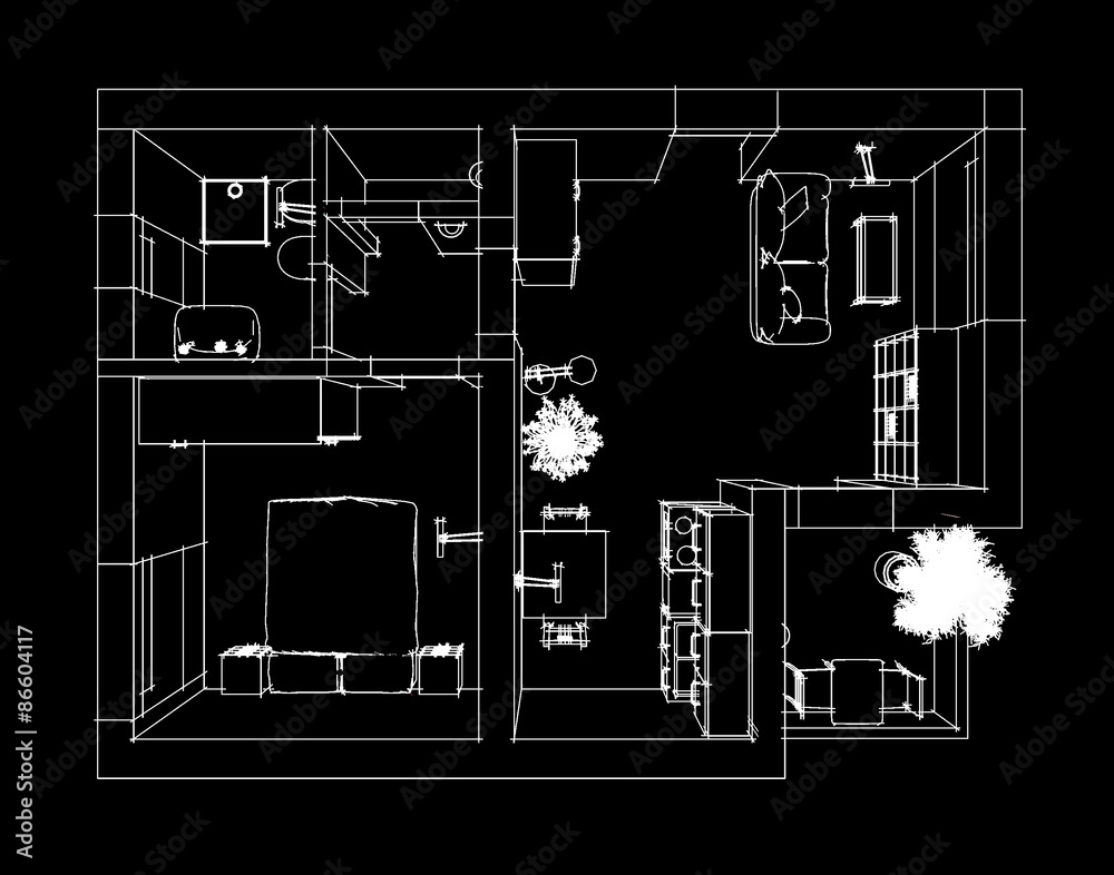 2d sketch of apartment walls with furnishings Stock Illustration ...