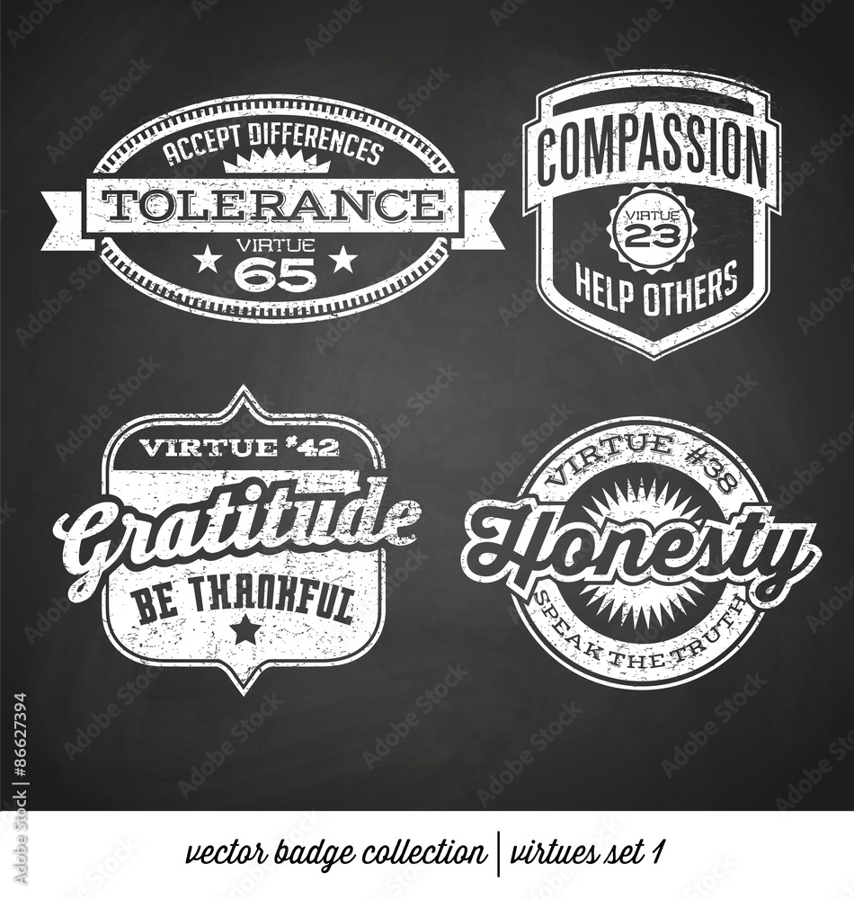 badge label collection with virtues- positive character traits on retro ...