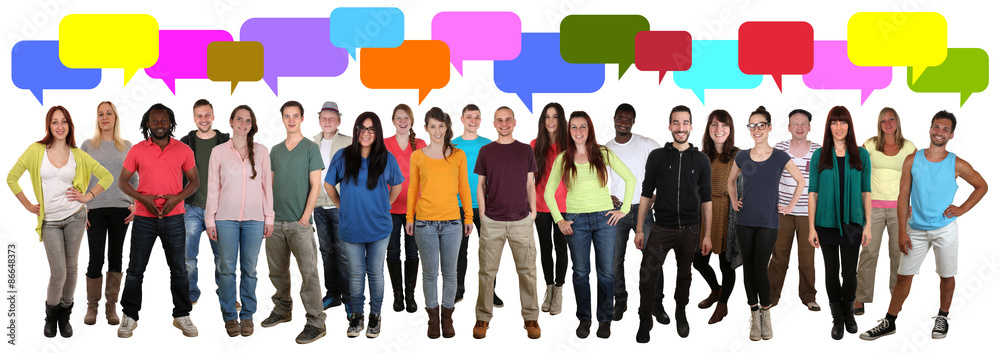 Lachen multikulturell People Gruppe junge Leute reden mit Sprech Stock ...