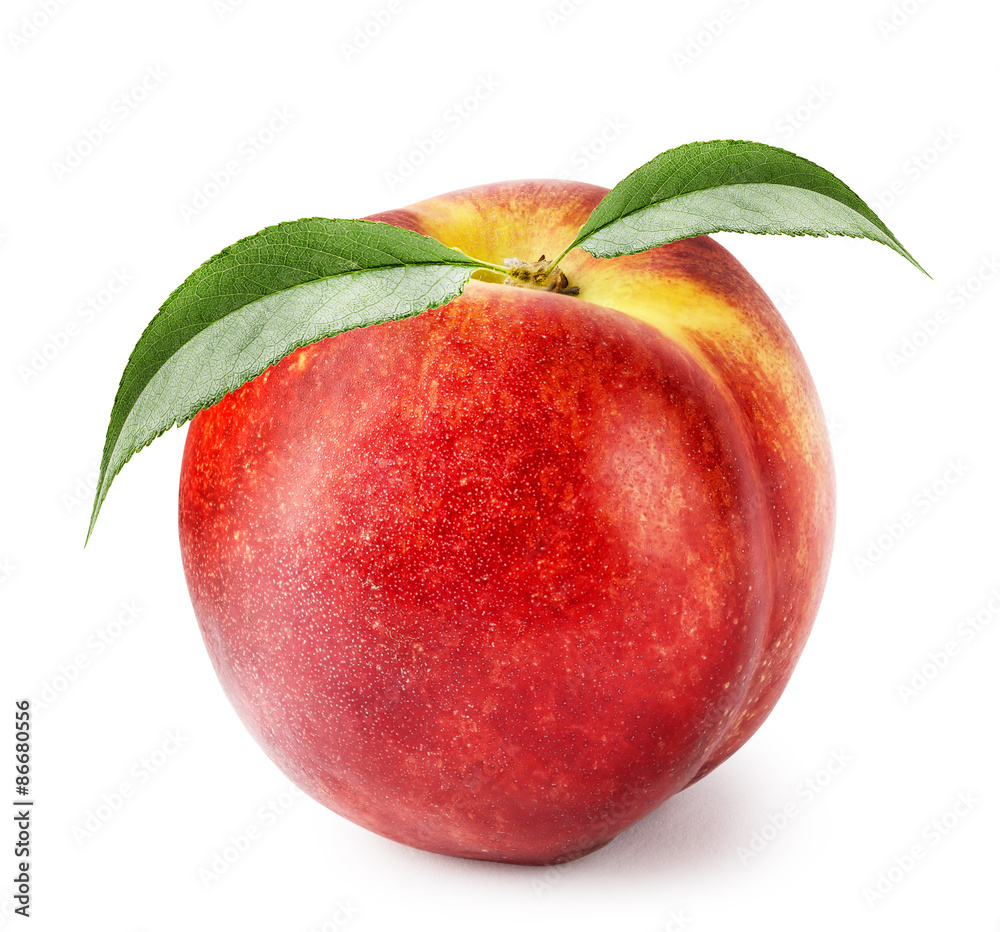 Ripe nectarine with green leaves Stock Photo | Adobe Stock