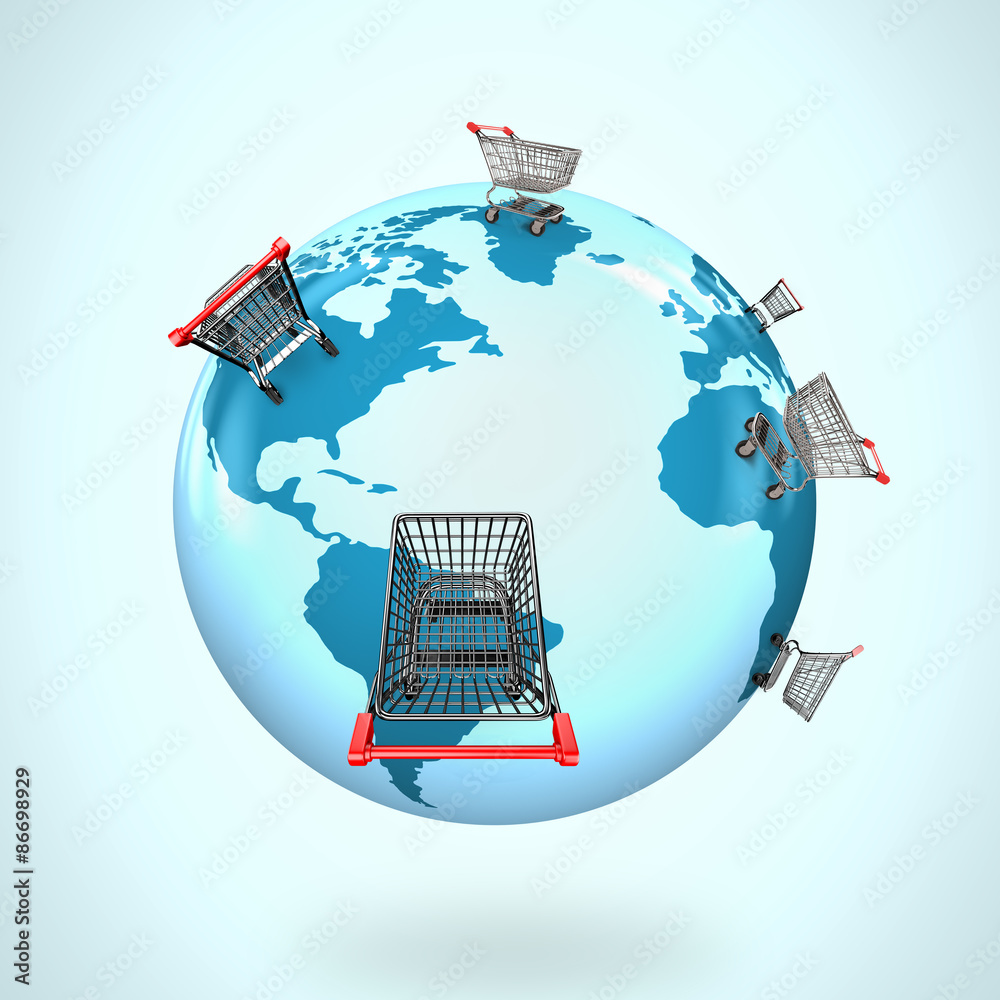 3D globe with world map of shopping carts worldwide Stock Illustration ...