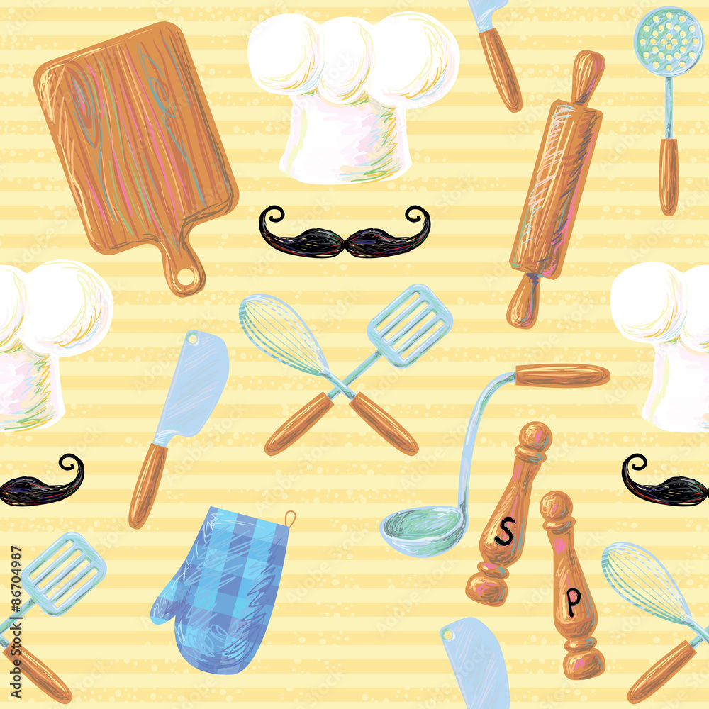 Seamless pattern with kitchen cooking tools. Hipster Chef. Vintage ...
