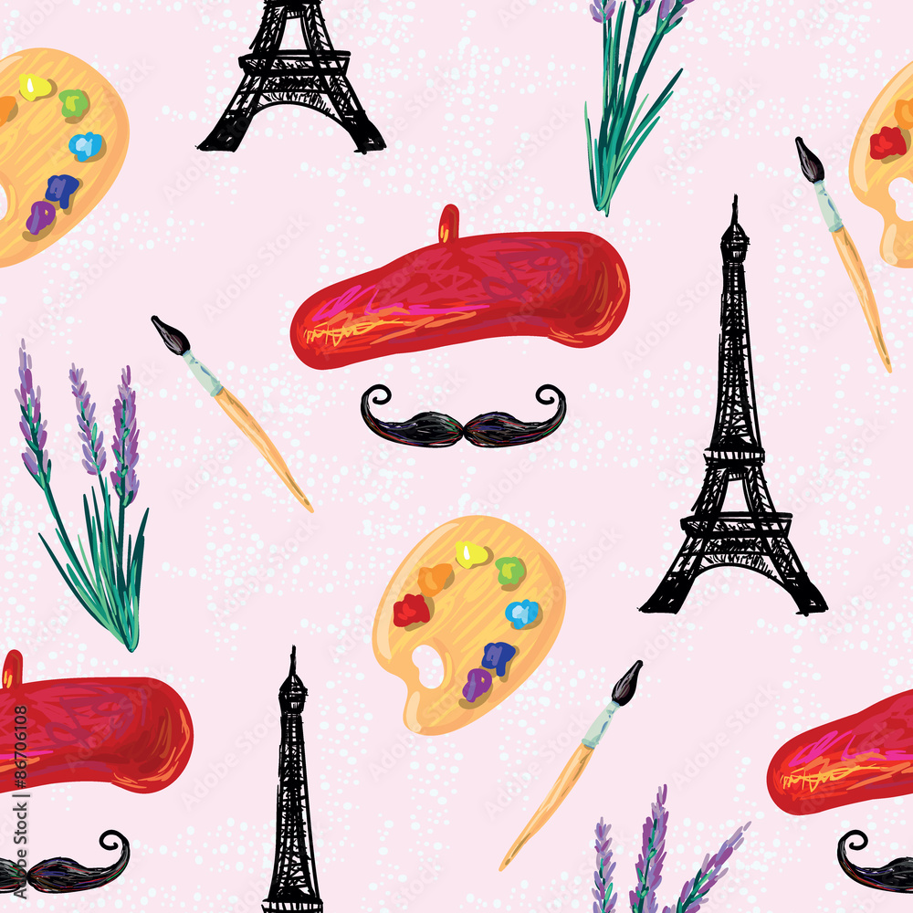 Seamless Paris French pattern with Eiffel Tower, lavender flowers ...