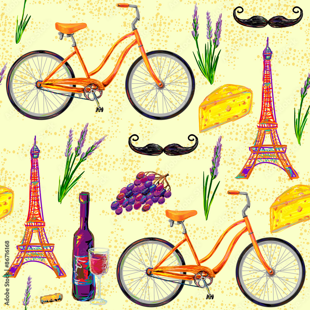 Seamless Paris French pattern with Eiffel Tower, bicycle, cheese ...