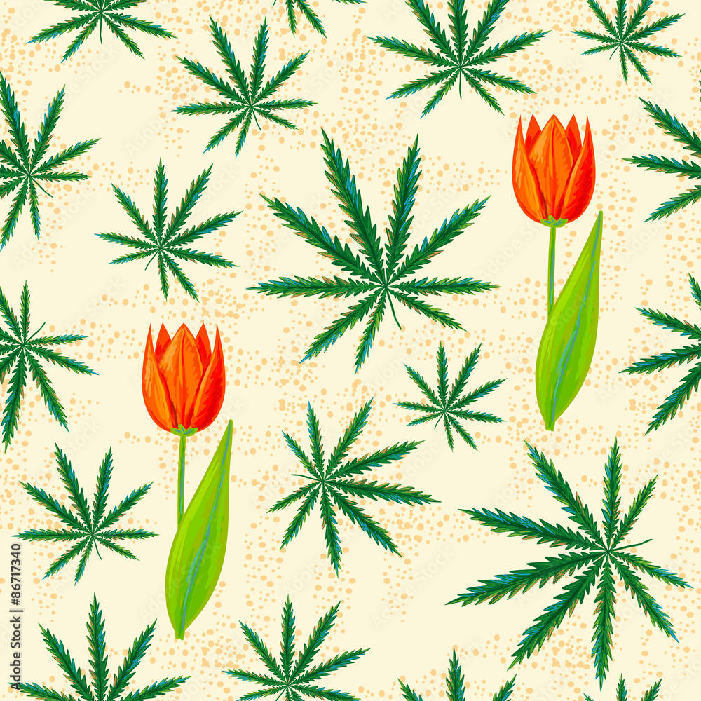 Netherlands seamless pattern with marijuana cannabis leafs and spring ...