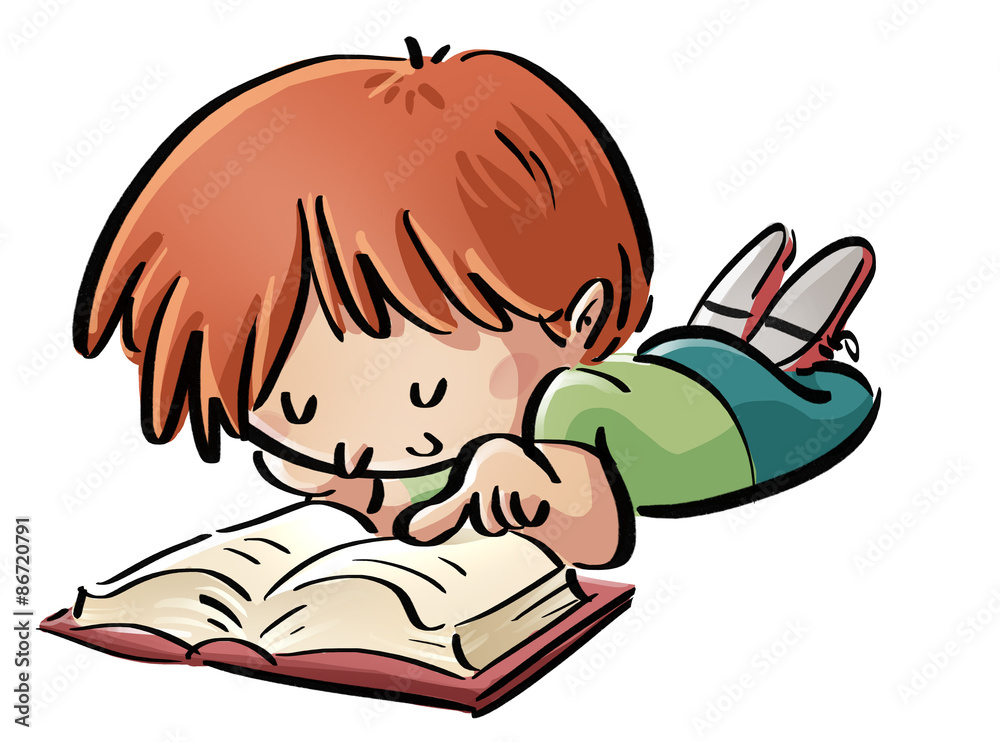 niño tumbado leyendo un libro ilustración de Stock | Adobe Stock
