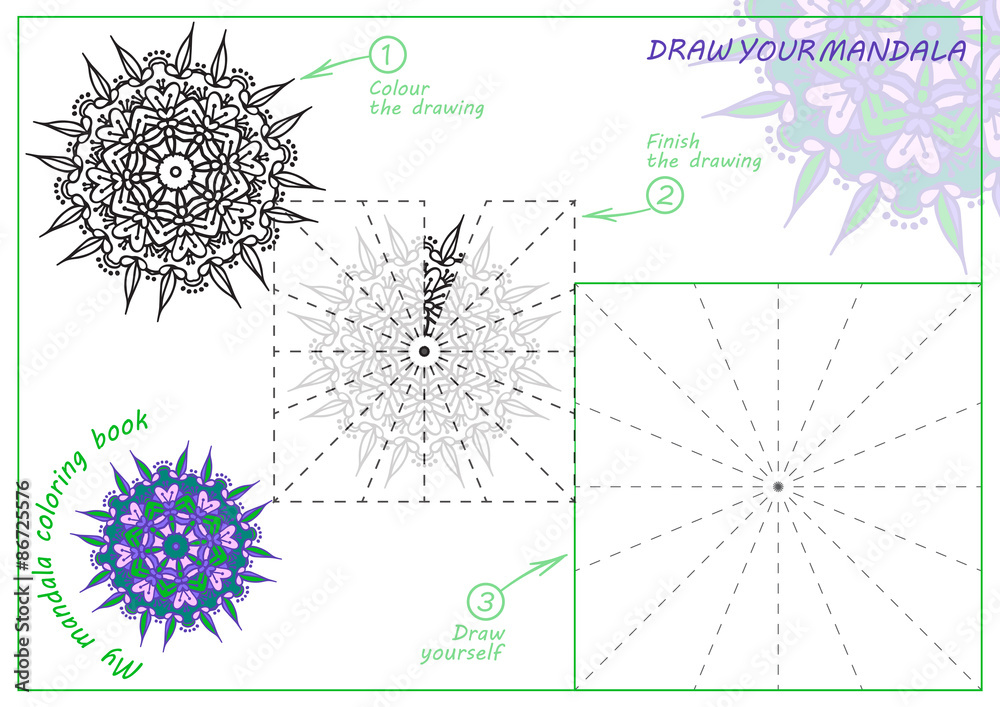 Unique coloring book, rectangular A4 page. Hand drawing zentangle color ...
