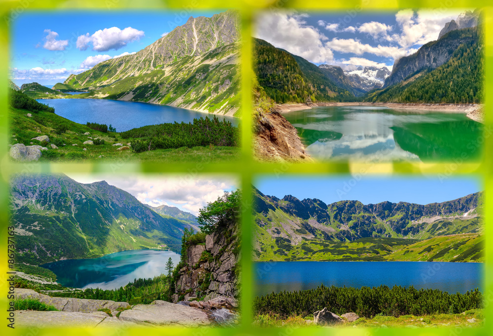 Mountain landscape in collage style with green background. Photo ...