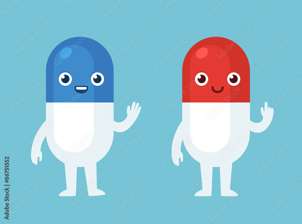 Cute cartoon character, medicine pill shaped pharmacy mascot. Two color ...